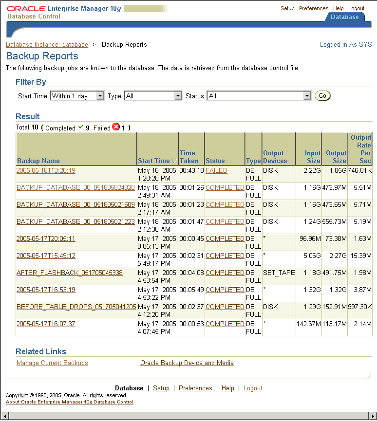 Displaying Backup Reports