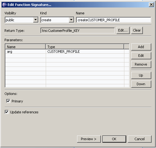 Make any necessary changes to the procedure signature in the dialog box.