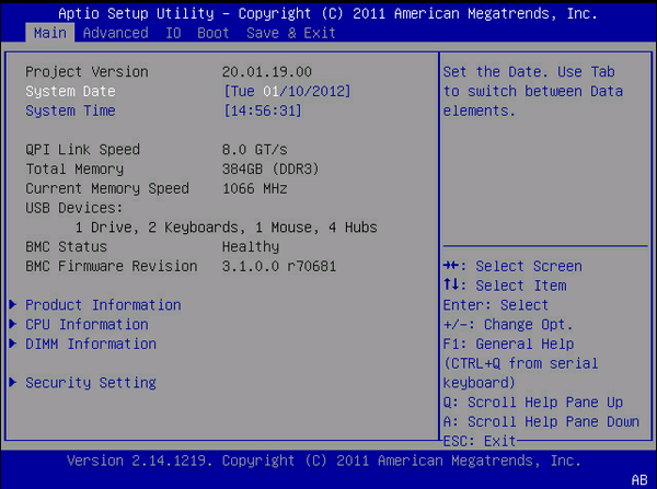 BIOS Main Menu Selections Sun Blade X3 2B formerly Sun Blade X6270 