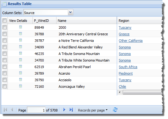 Types of links available from a Results Table component