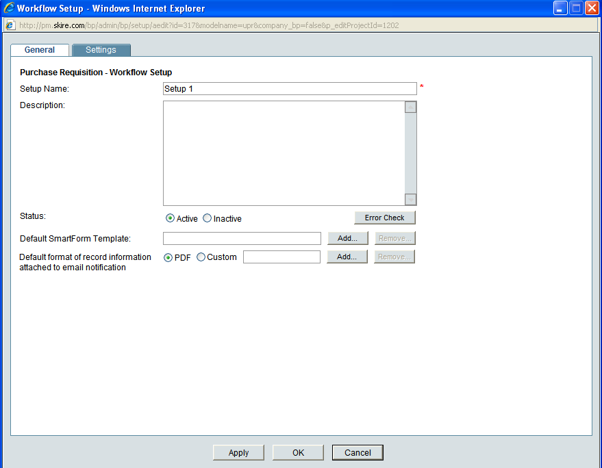 Workflow setup in General and Setting tabs