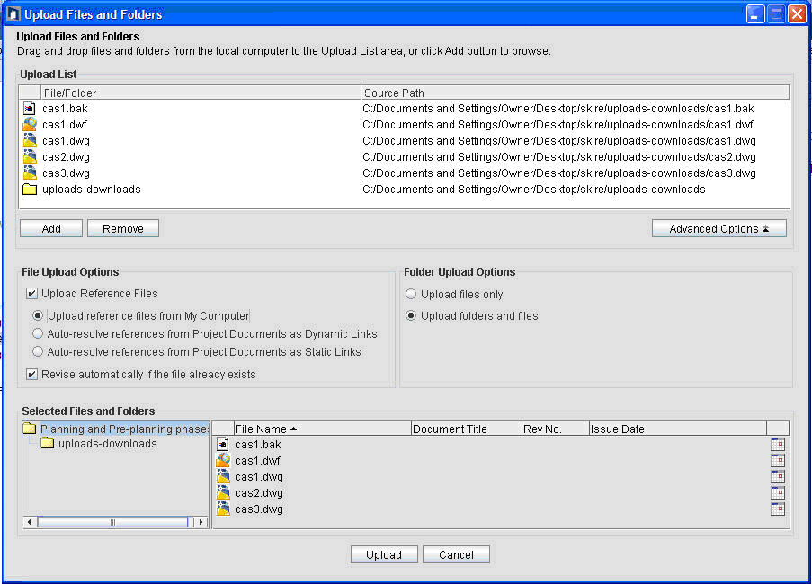 Upload files and folders using the advanced file transfer method