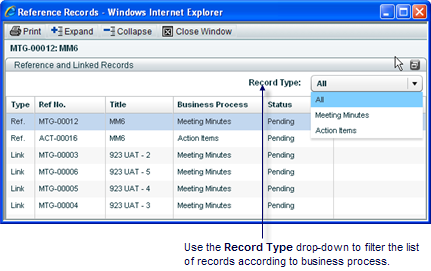 What you can do on the Reference and Linked Records window
