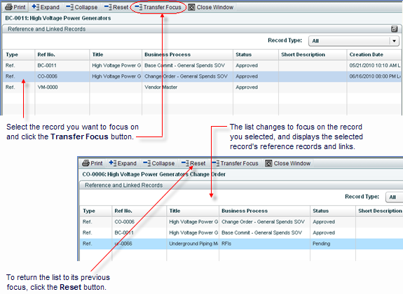 What you can do on the Reference and Linked Records window