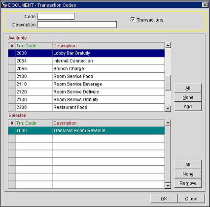Select Transaction Codes/Routing Codes