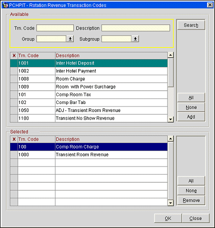 Rotation Revenue Transaction Codes