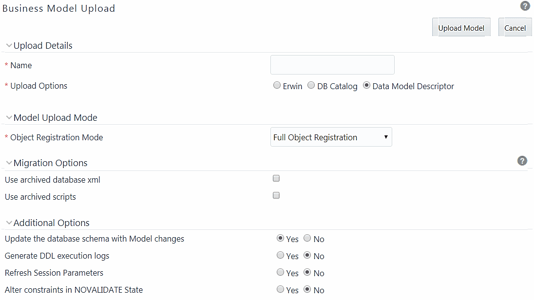 Model Upload Using OFSAA Data Model Descriptor (Database.XML) File