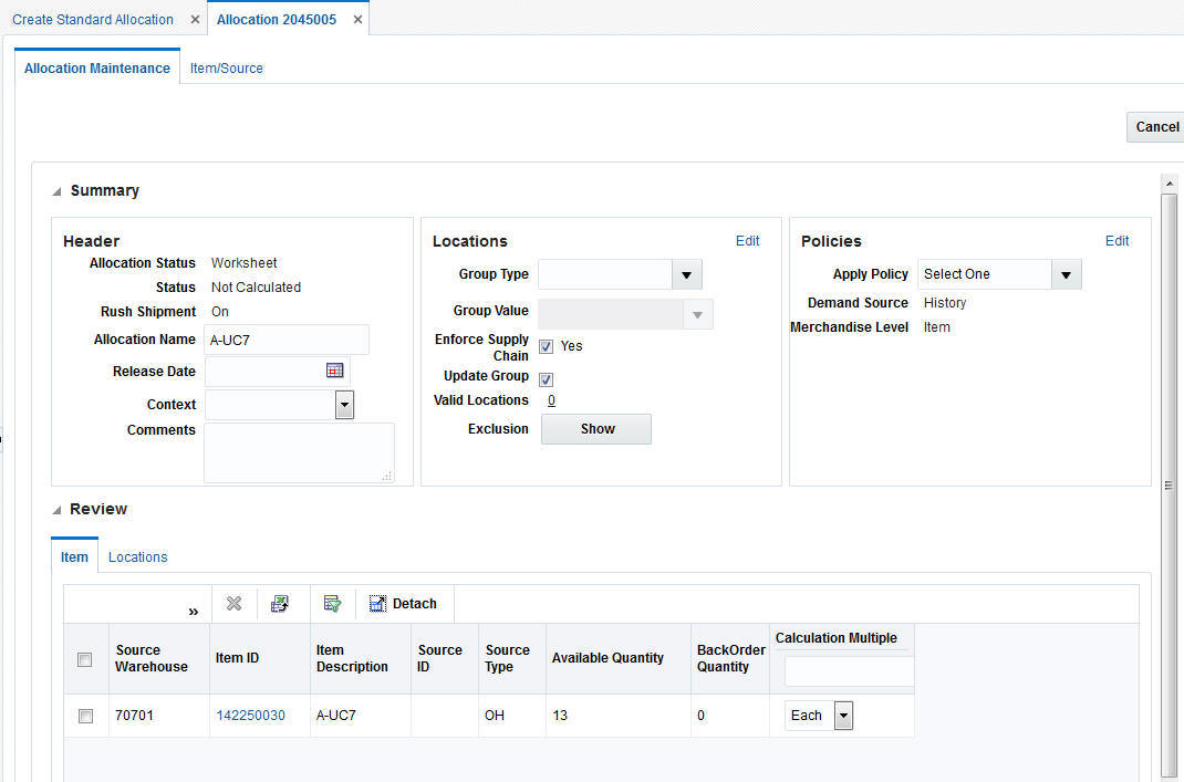 Creating Standard Allocations