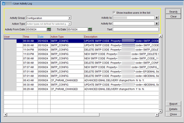 User Activity Log - SMTP Configuration