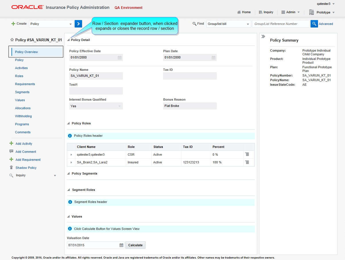 Policy Overview Screen