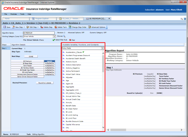 Algorithm Tab Available Variables, Functions and Constants