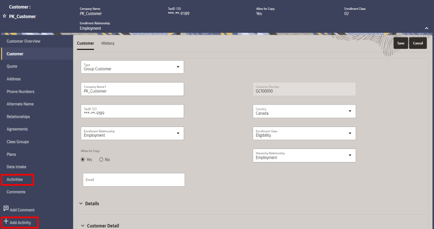 Activities Screen Group Customer