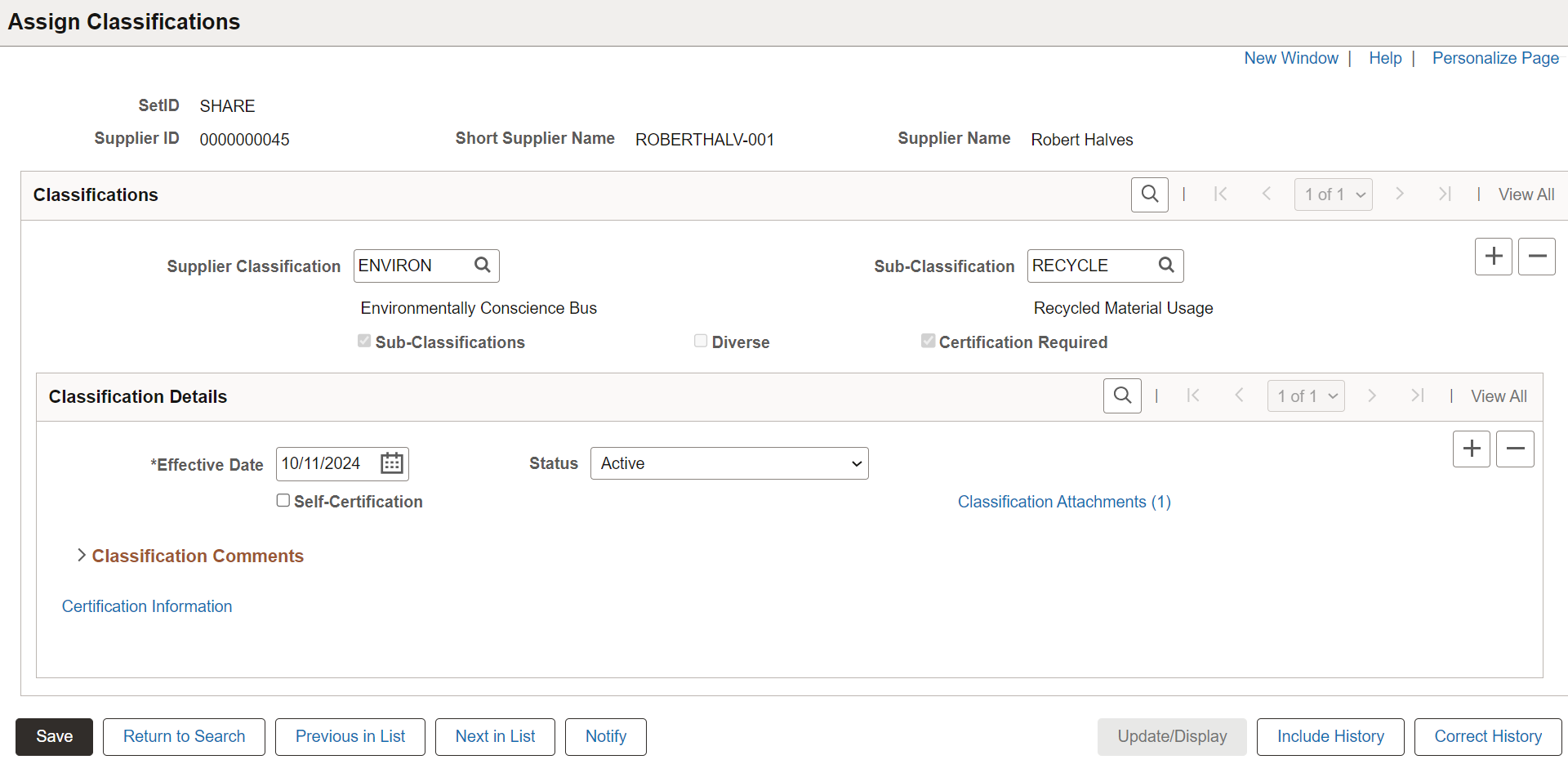 Assigning Classifications to Supplier