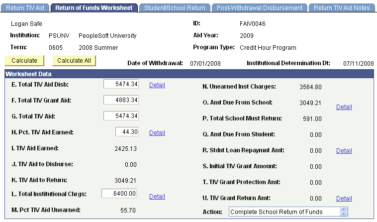 Using the Return of Funds Worksheet