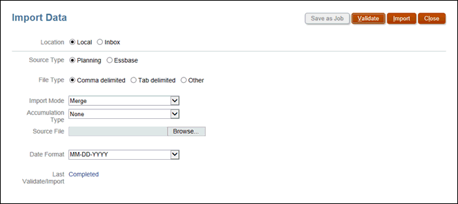Carga del archivo de importación de datos