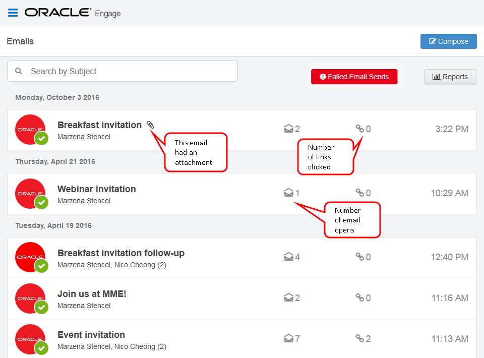Viewing email sent history