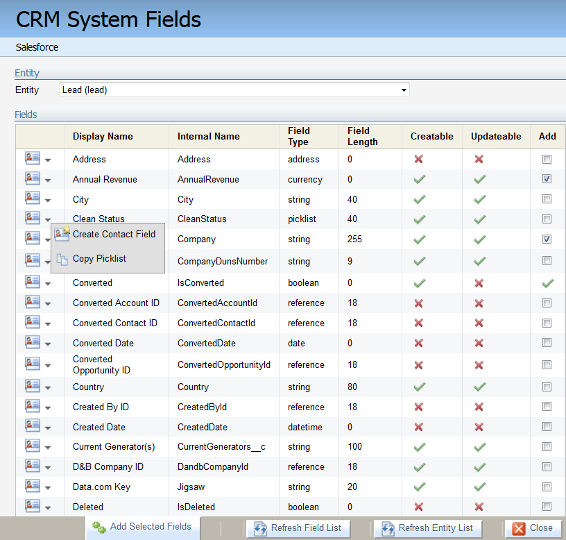 Creating Salesforce fields in Oracle Eloqua