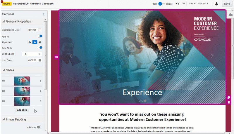 Adding an image carousel in the Design Editor