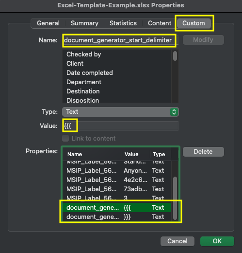 Document Generator MS Excel Tags