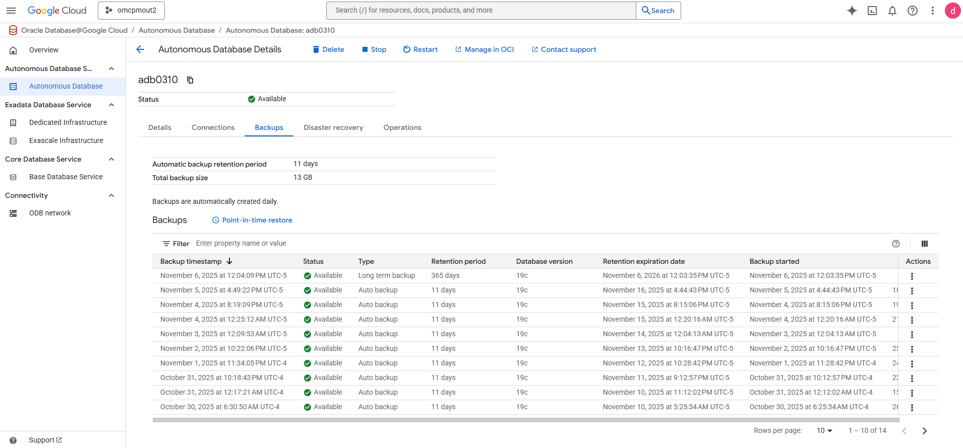 Restore Autonomous Database