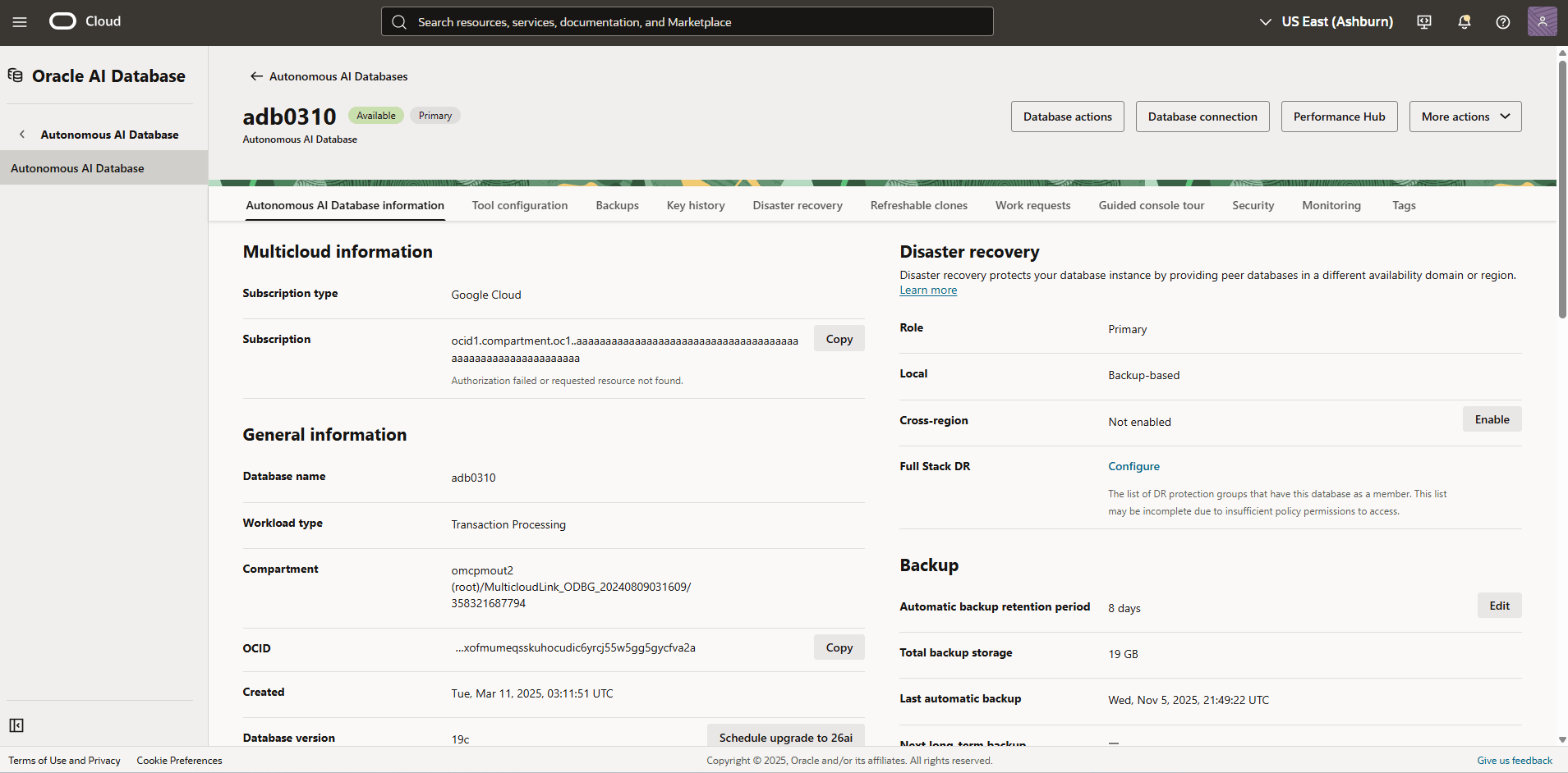 Backup Autonomous Database