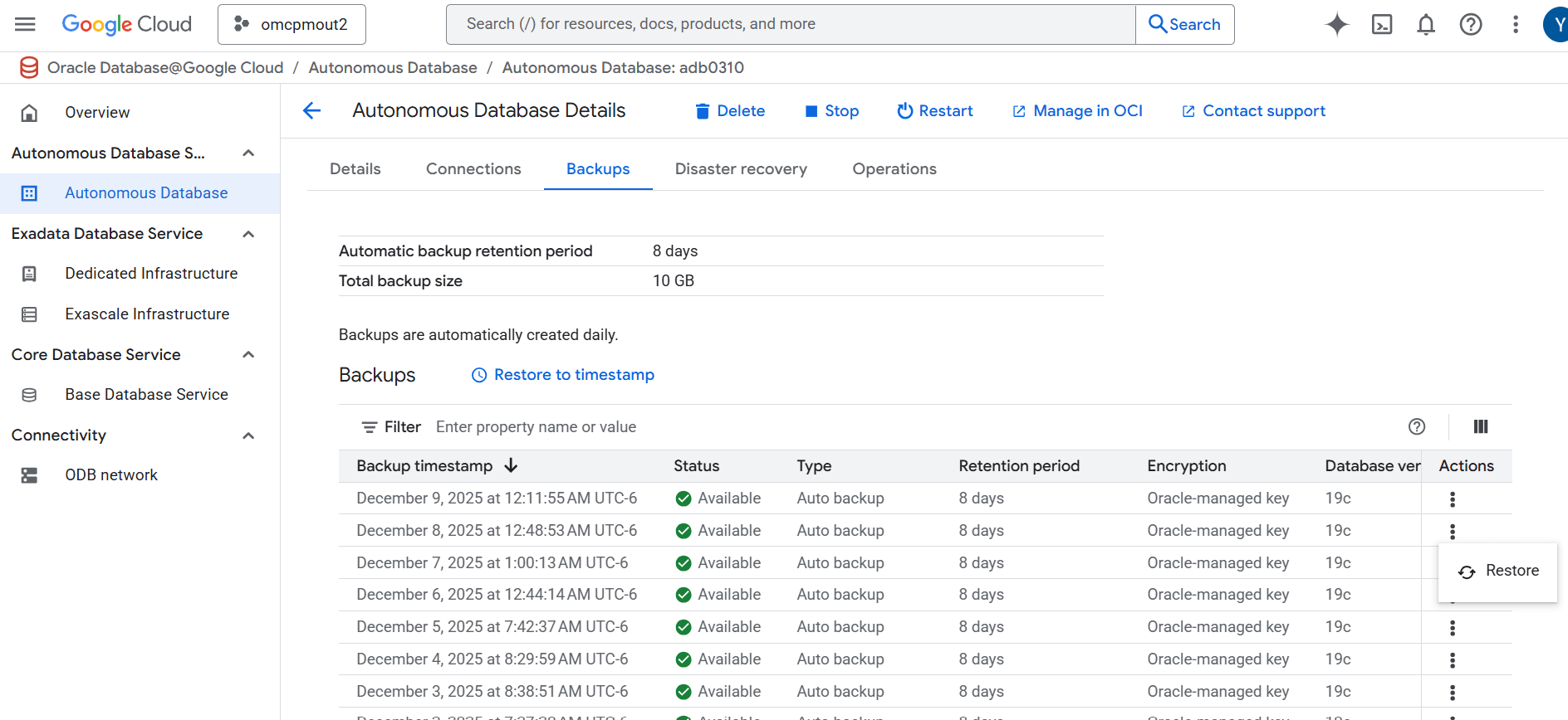 Restore Autonomous AI Database