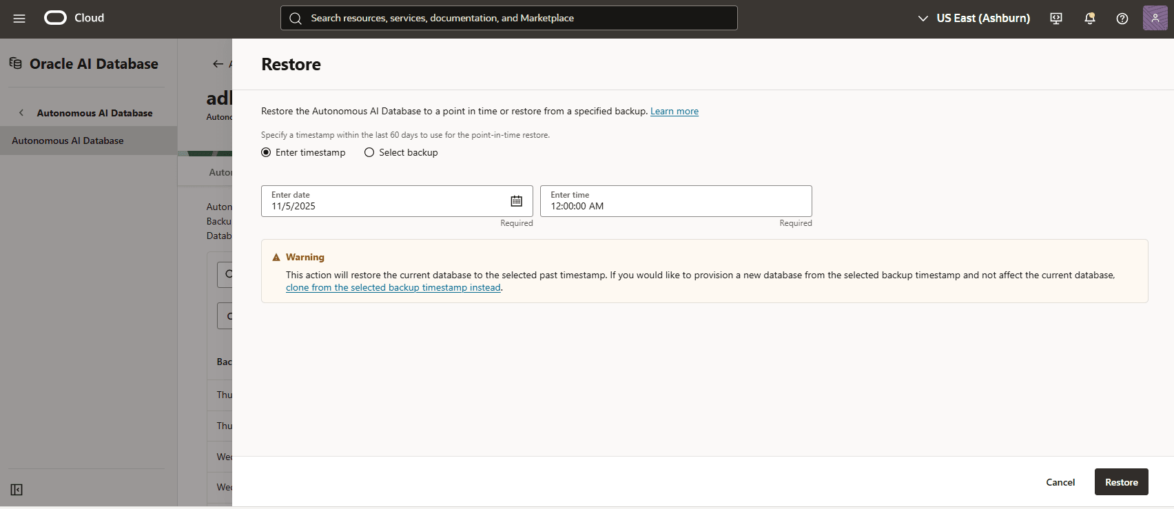 Restore Autonomous Database