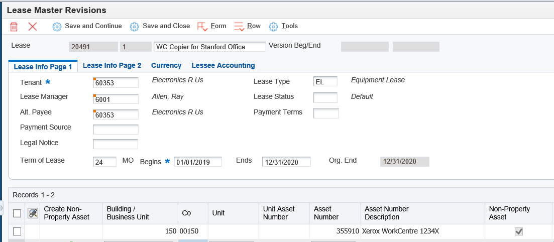 Creating a Lessee Lease