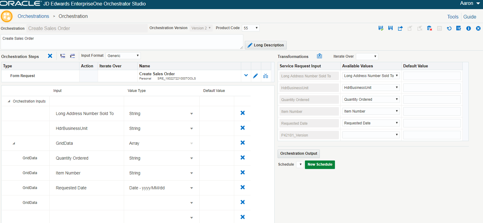 Creating an Orchestration to Add Multiple Rows to an EnterpriseOne Grid