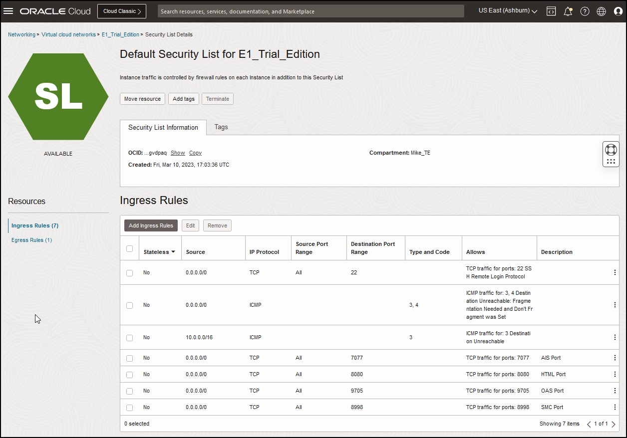Creating Rules for a VCN Security List