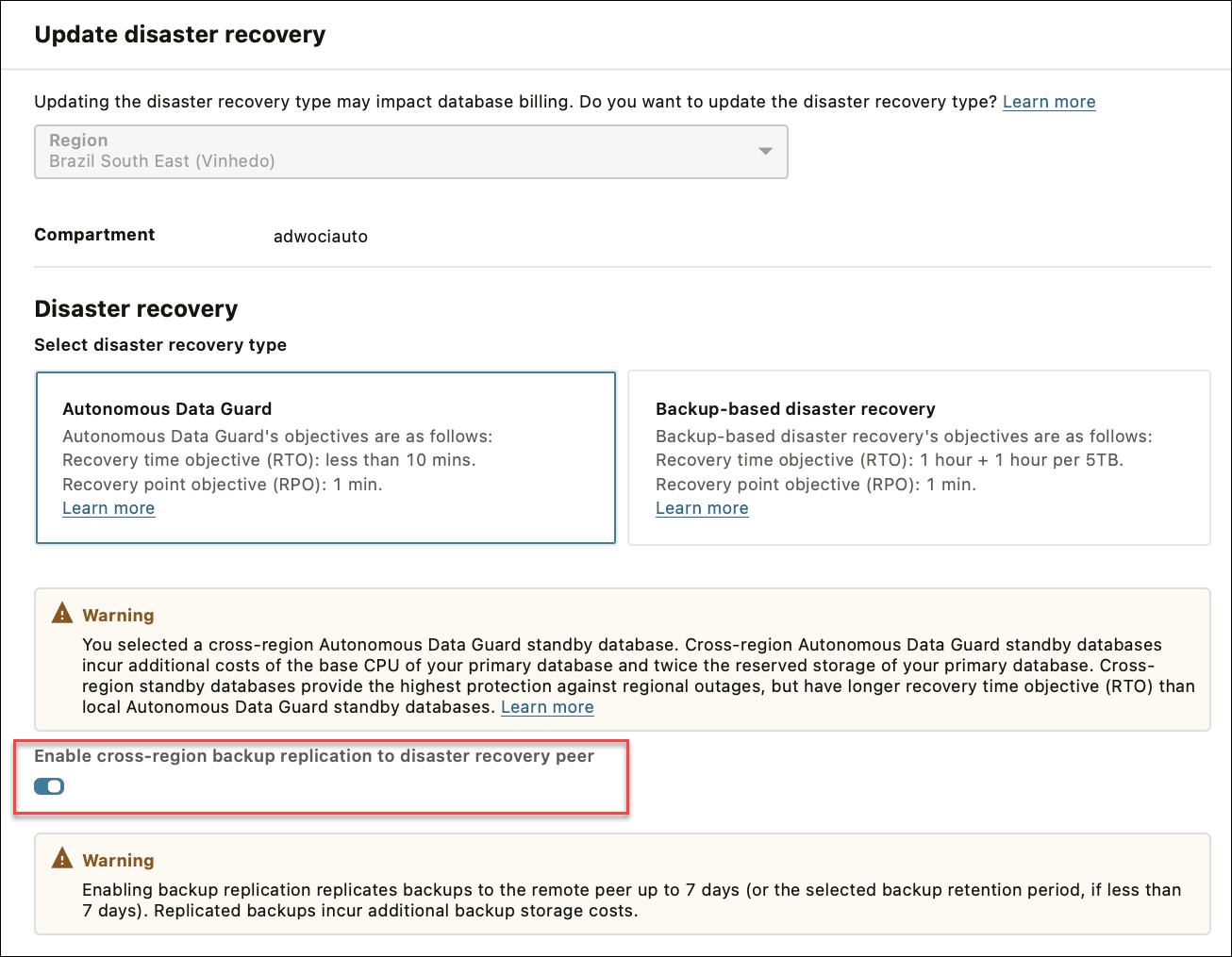 Enable or Disable Backup Replication for an Existing Cross-Region Standby