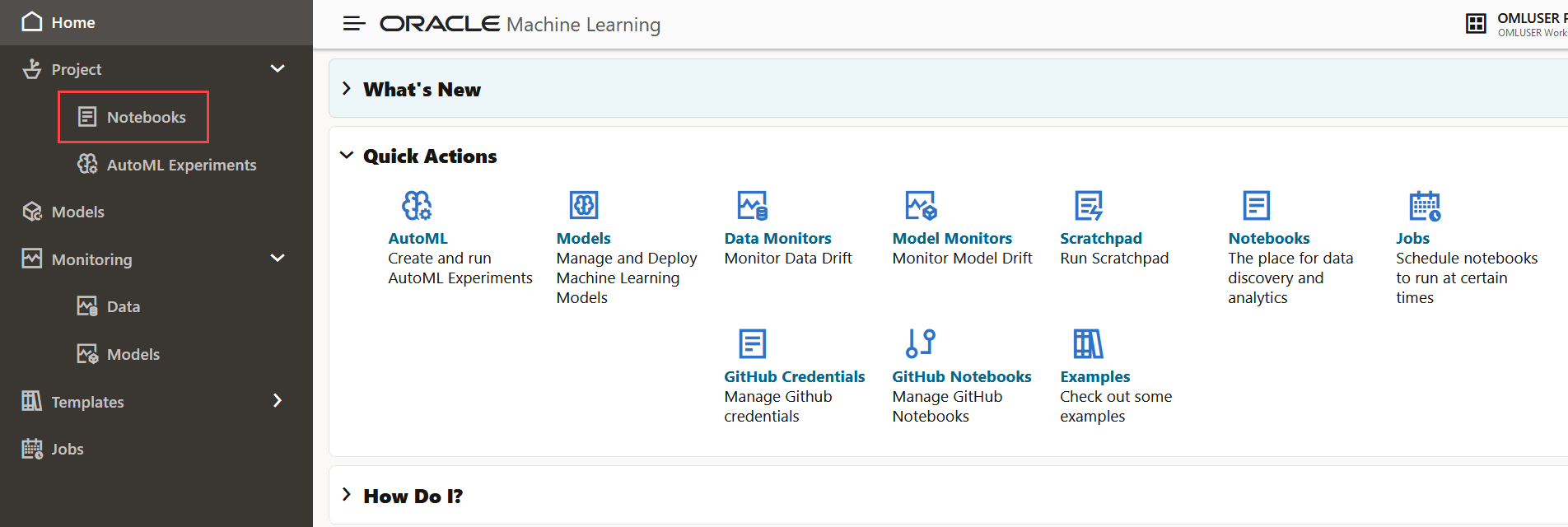 Access your Oracle Machine Learning Notebooks Page