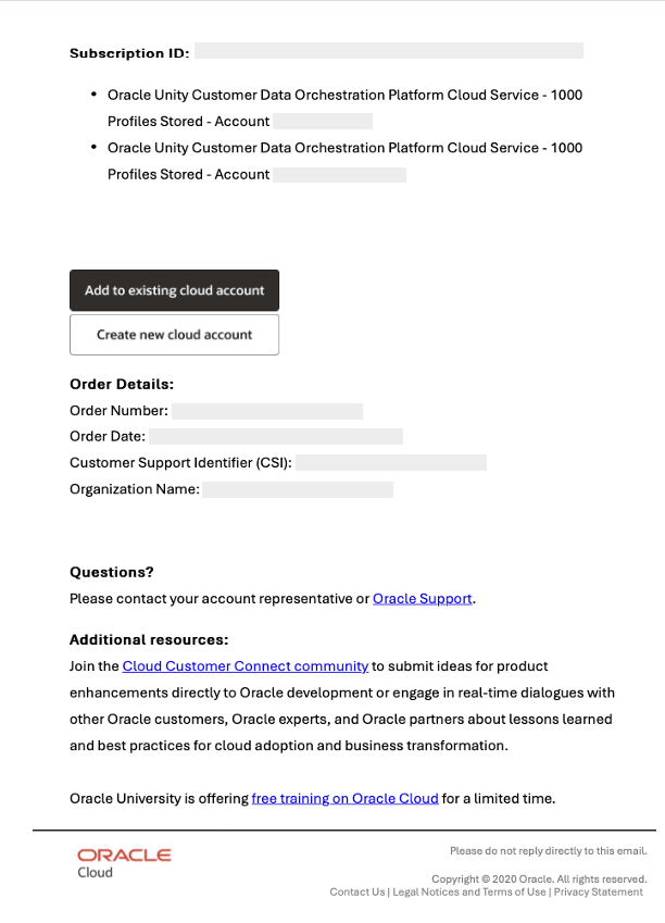 Activating a new Oracle Unity subscription