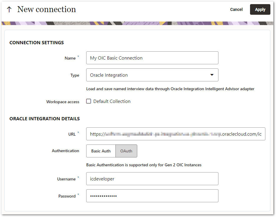 Create a Connection to Oracle Integration From Intelligent Advisor Hub
