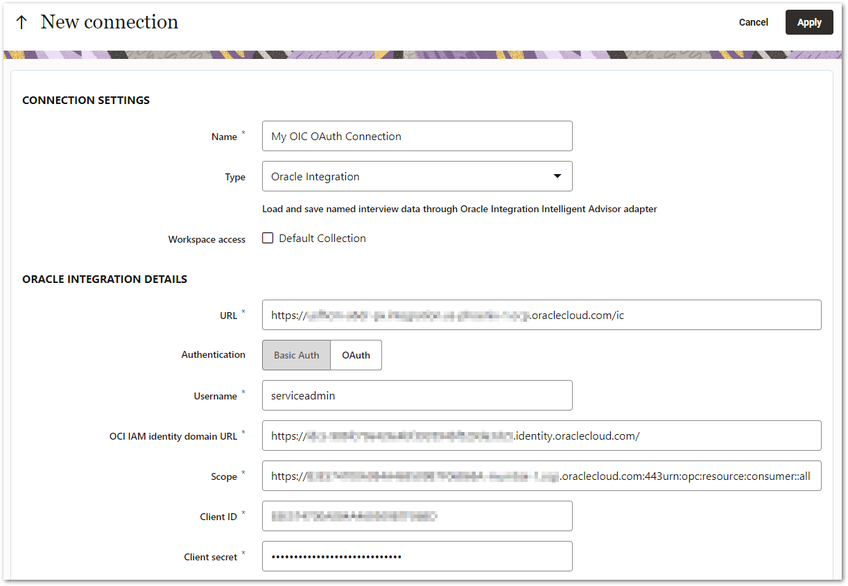 Create a Connection to Oracle Integration From Intelligent Advisor Hub