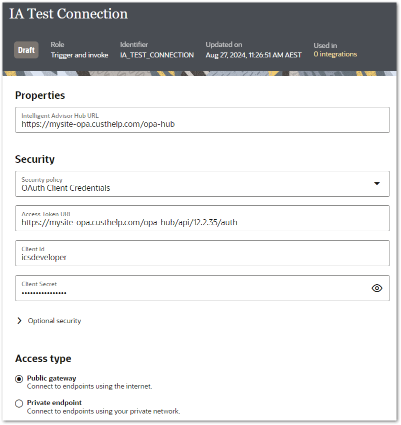 Create a Connection to Intelligent Advisor In Oracle Integration