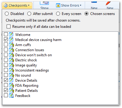 Select the Screens That Will Create Checkpoints