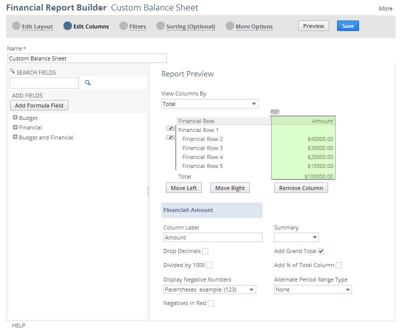 NetSuite Applications Suite Financial Report Builder Edit Columns Page