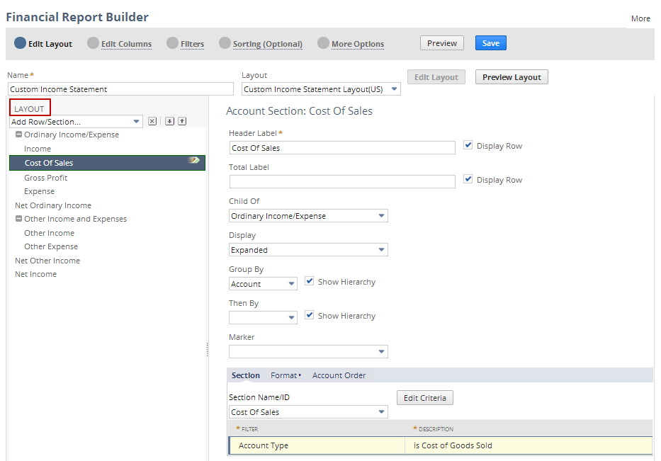 NetSuite Applications Suite Financial Report Builder Edit Layout Page