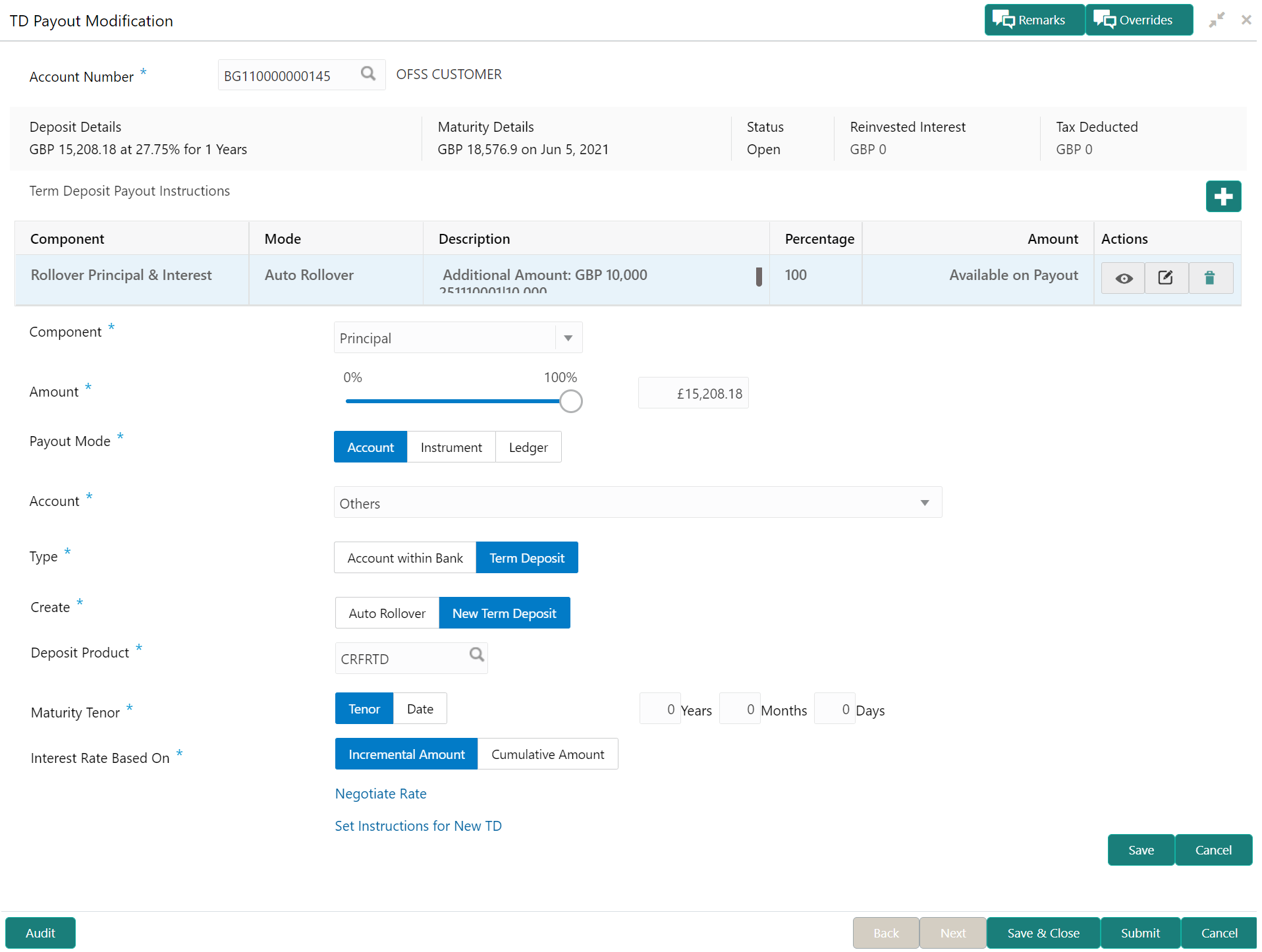 Modify TD Payout Modification