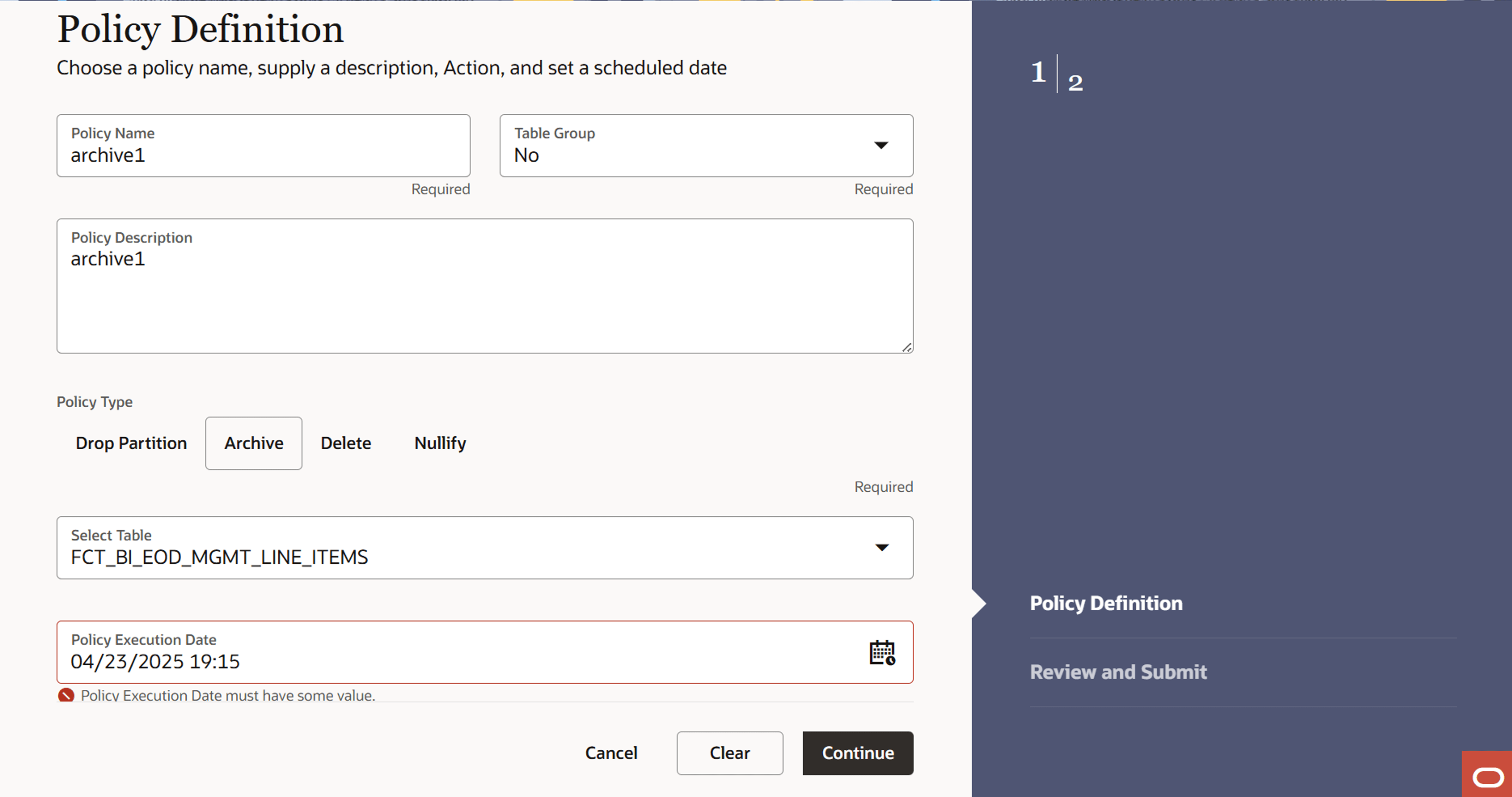 Create Archive Policy