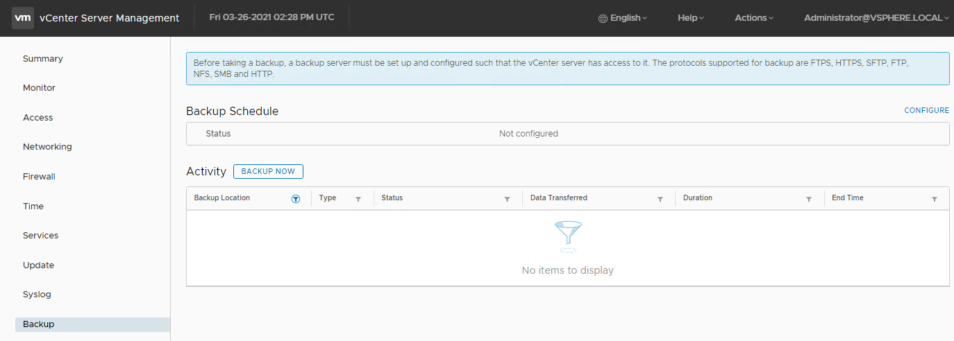 Effectuer une sauvegarde de l'appliance vCenter vers le stockage de fichiers Oracle Cloud ...