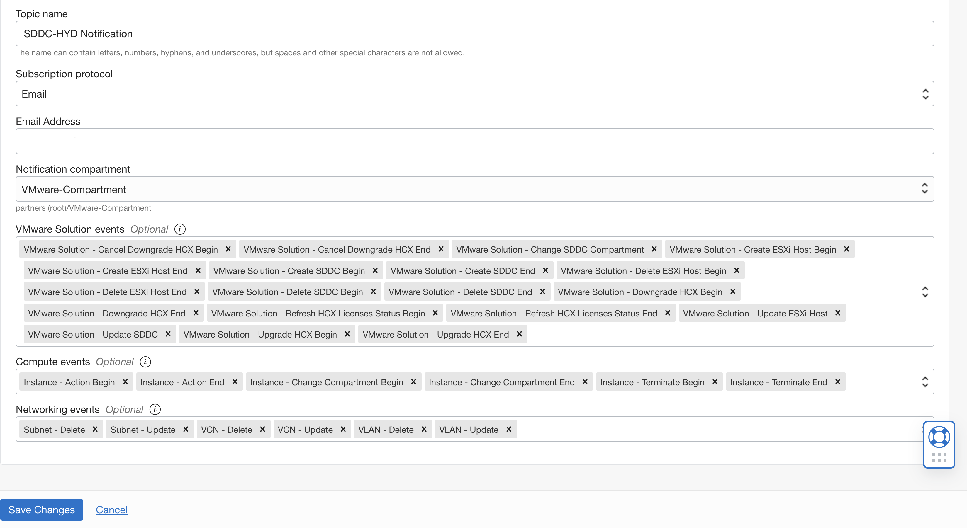 Intégrer les notifications OCI avec la solution VMware Oracle Cloud