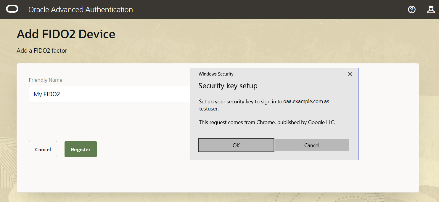 Configuration de FIDO2 avec l'authentification avancée Oracle