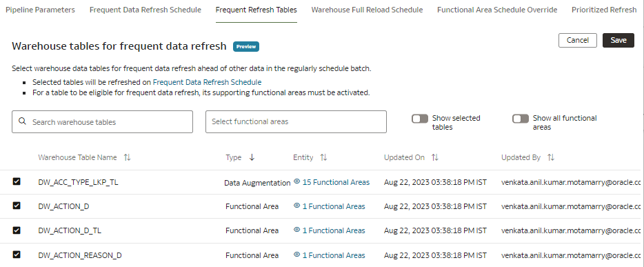 Schedule Frequent Refreshes of Warehouse Tables