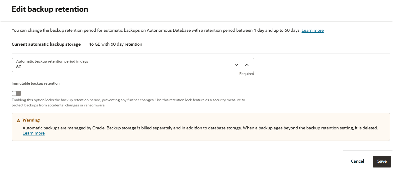 Edit Automatic Backup Retention Period on Autonomous Database