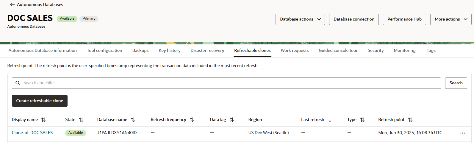 View Refreshable Clones for an Autonomous AI Database Instance