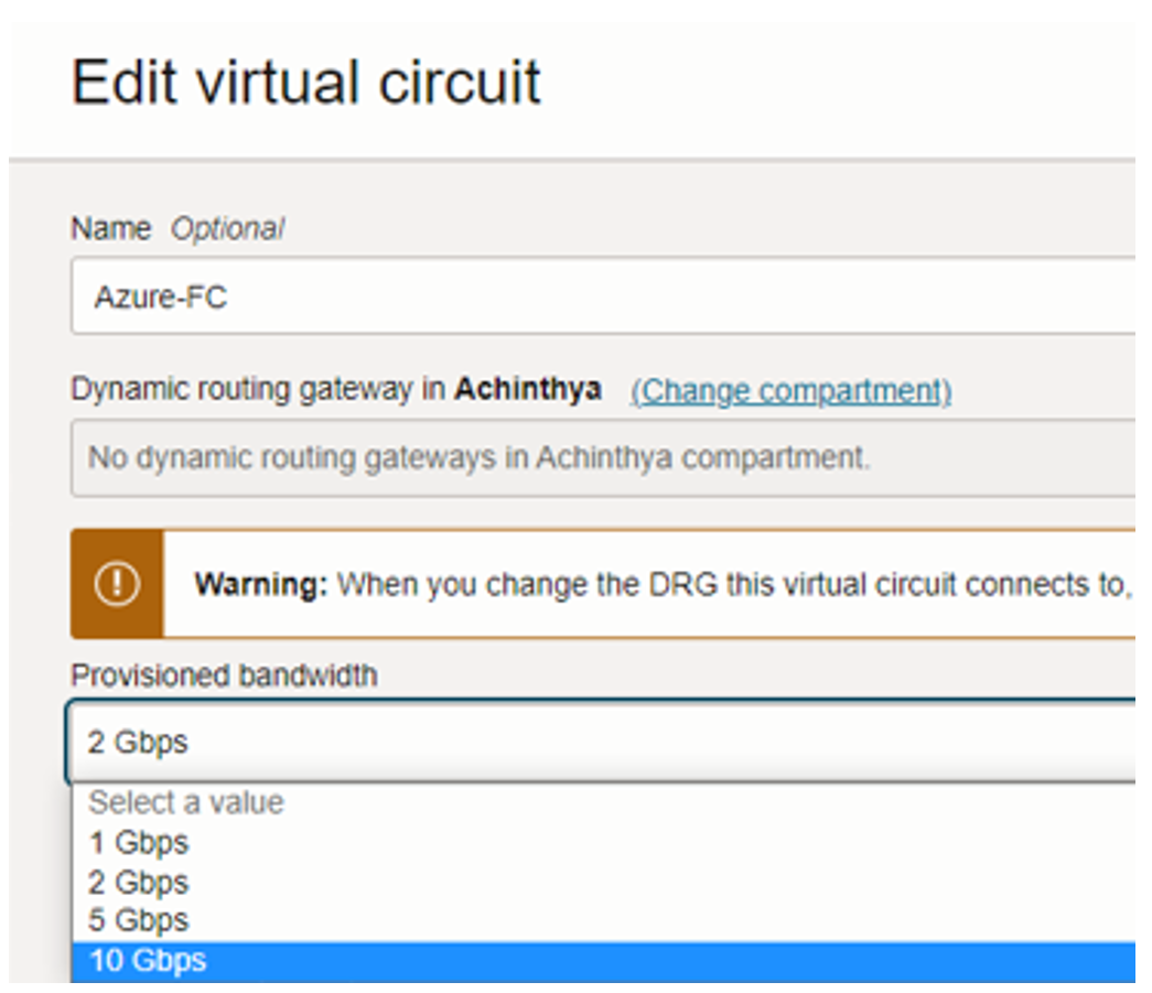 Oracle Cloud Infrastructure FastConnectを使用した帯域幅の増減