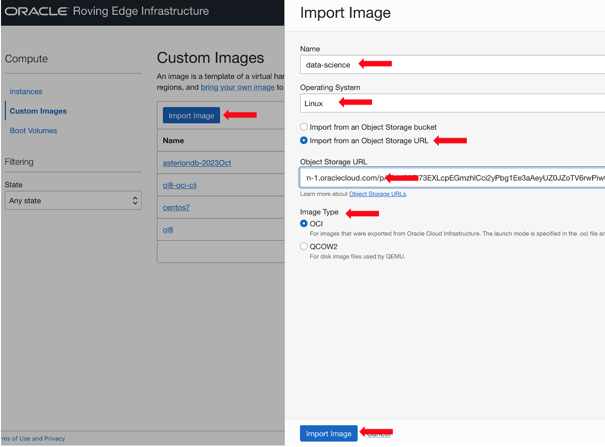 Oracle Roving Edge InfrastructureおよびOracle Compute Cloud@CustomerでのOracle Marketplaceイメージの使用