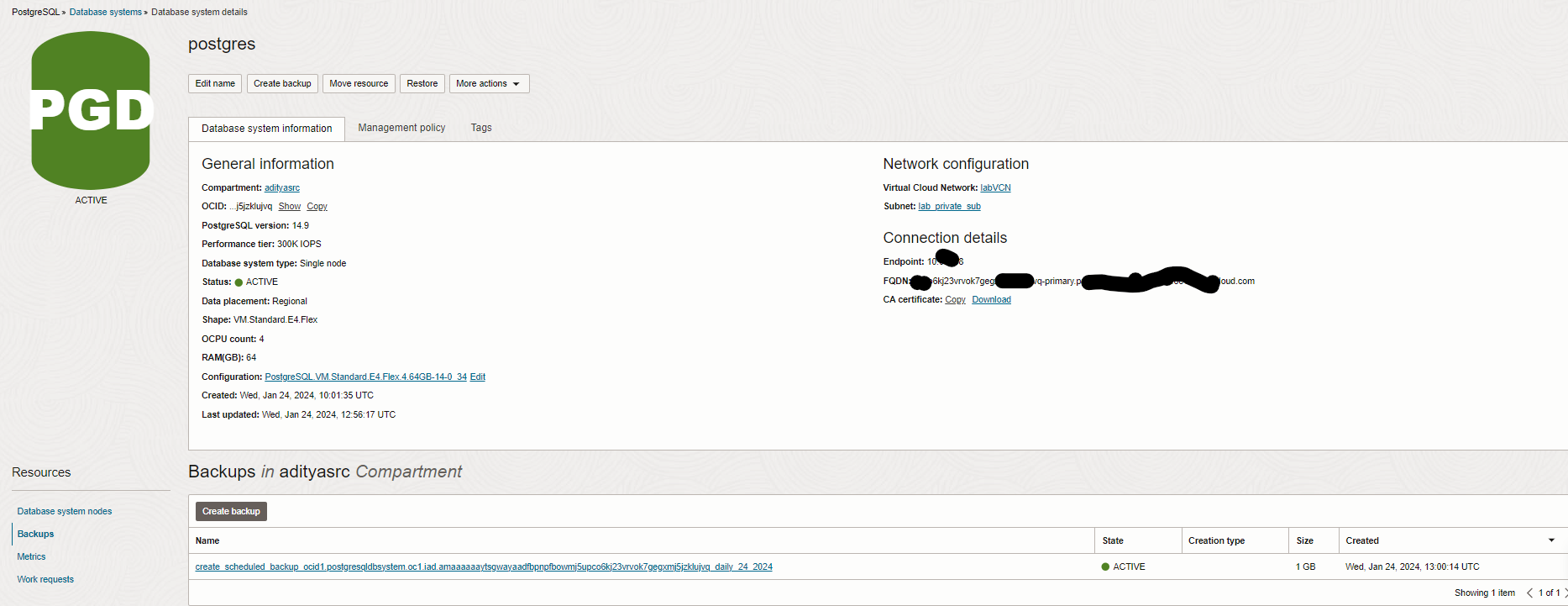 Postgresql를 사용하여 Oci 데이터베이스 백업 및 복원